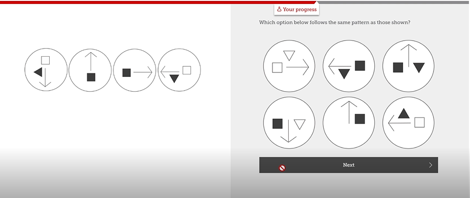 Your progress Which option below follows the same pattern as those shown? Next