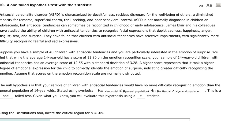 SOLVED: One-tailed hypothesis test with the statistic Antisocial ...