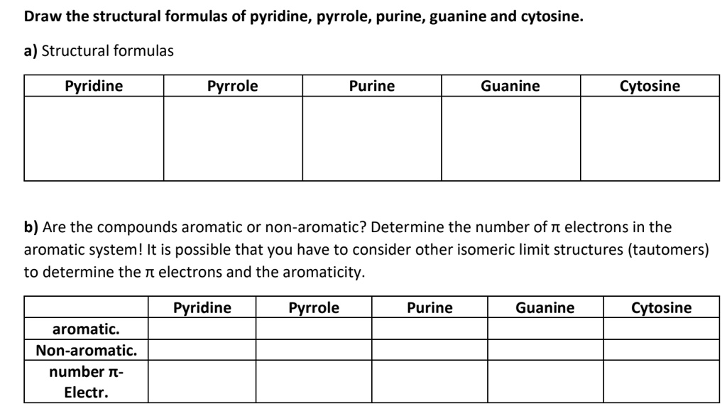 Draw the structural formulas of pyridine, pyrrole, purine, guanine and ...