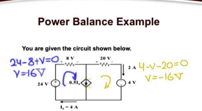 Power Balance Example You are given the circuit shown below. 24-8+V=0 V ...