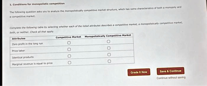 Conditions for monopolistic competition have characteristics of both a ... Conditions for monopolistic competition have characteristics of both a ...