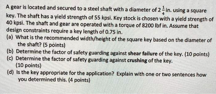 SOLVED: A gear is located and secured to a steel shaft with a diameter ...