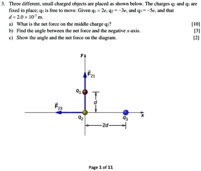 SOLVED: Three different; small charged objects are placed as shown below The charges 41 and 43 ...