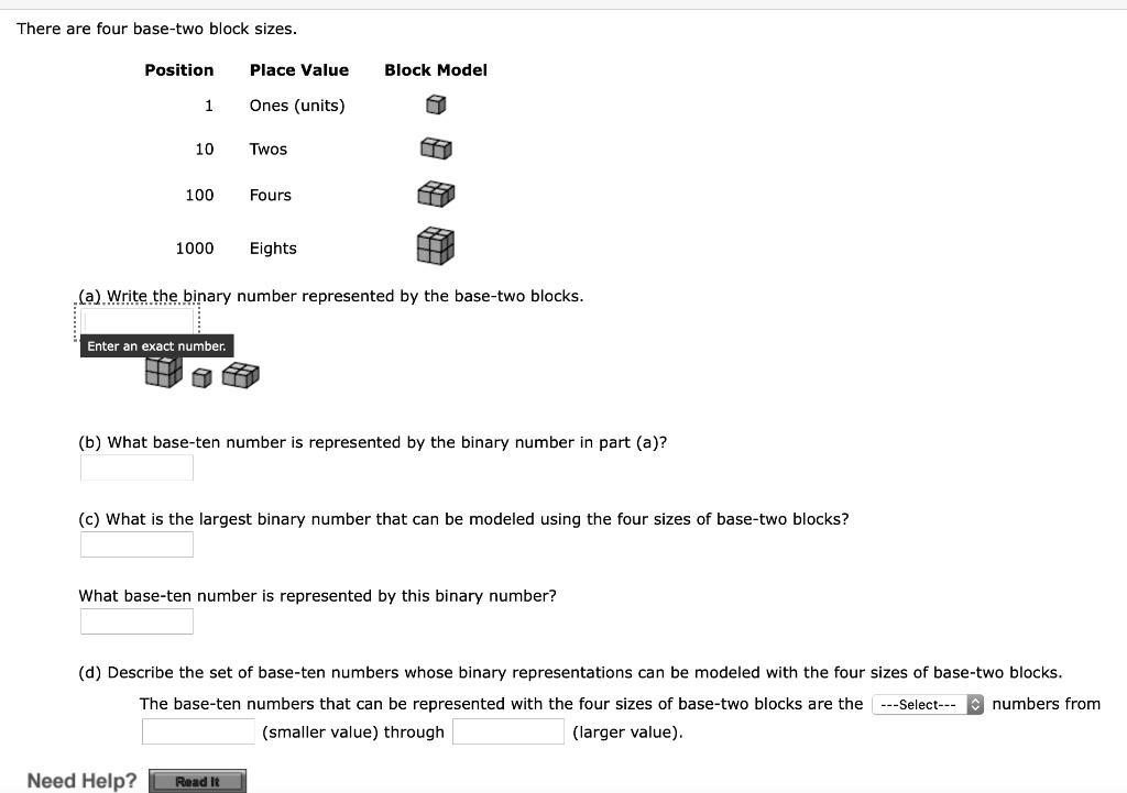 there are four base two block sizes position place value block model ...