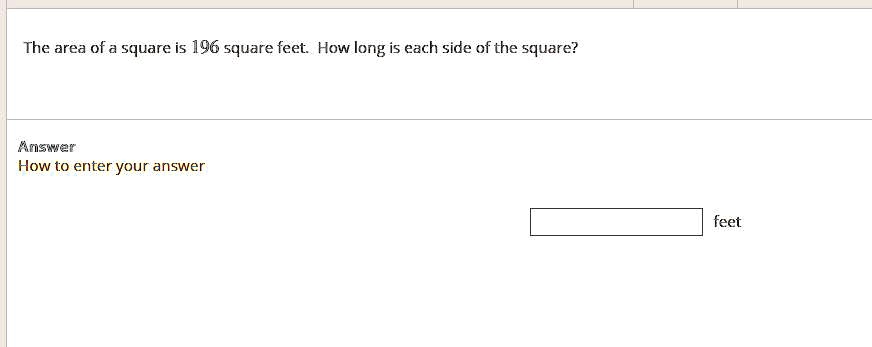 the area of a square is 196 square feet how long is each side of the ...