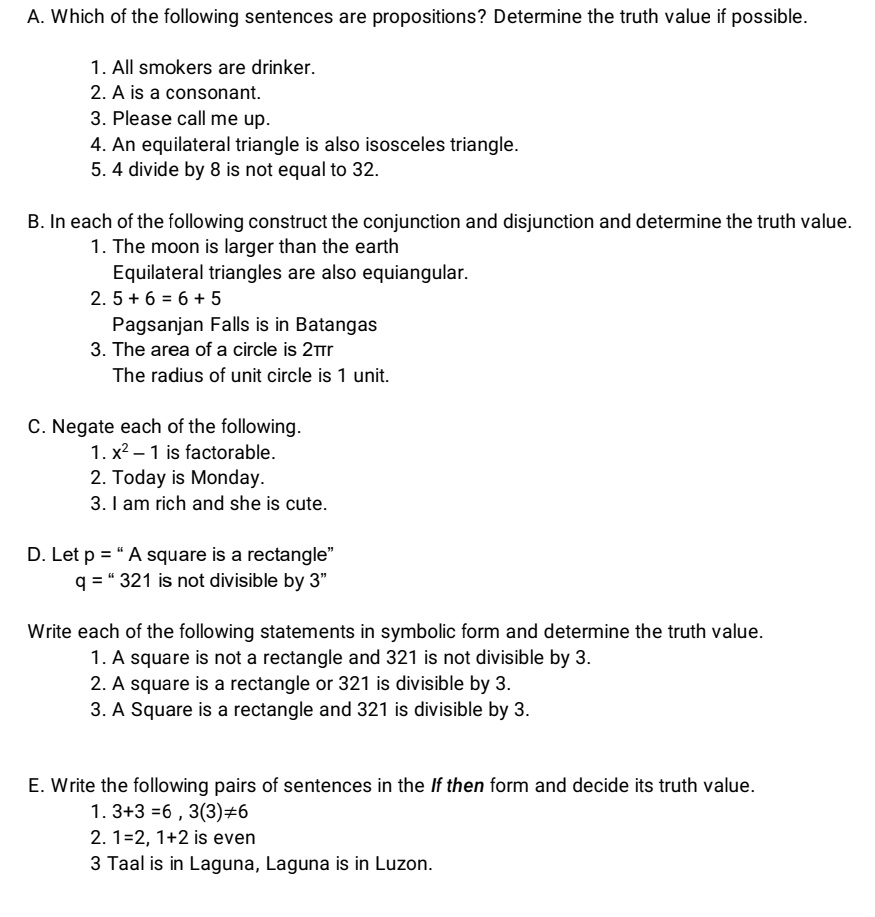 SOLVED: A. Which of the following sentences are propositions? Determine ...