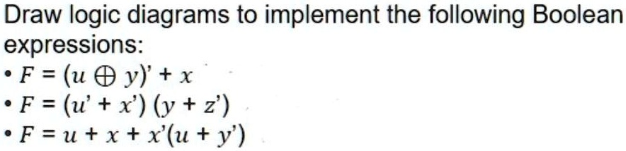 SOLVED: Draw logic diagrams to implement the following Boolean ... SOLVED: Draw logic diagrams to implement the following Boolean ...