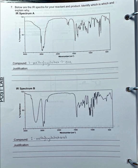 POST LAB 7. Below are the IR spectra for your reactant and product ...