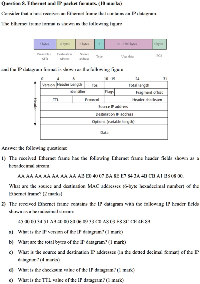 question 8 ethernet and ip packet formats 10 marks consider that a host receives an ethernet ...