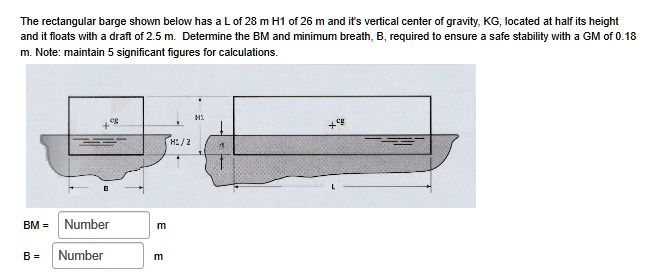 The rectangular barge shown below has a L of 28 m H1 of 26 m and it's ...