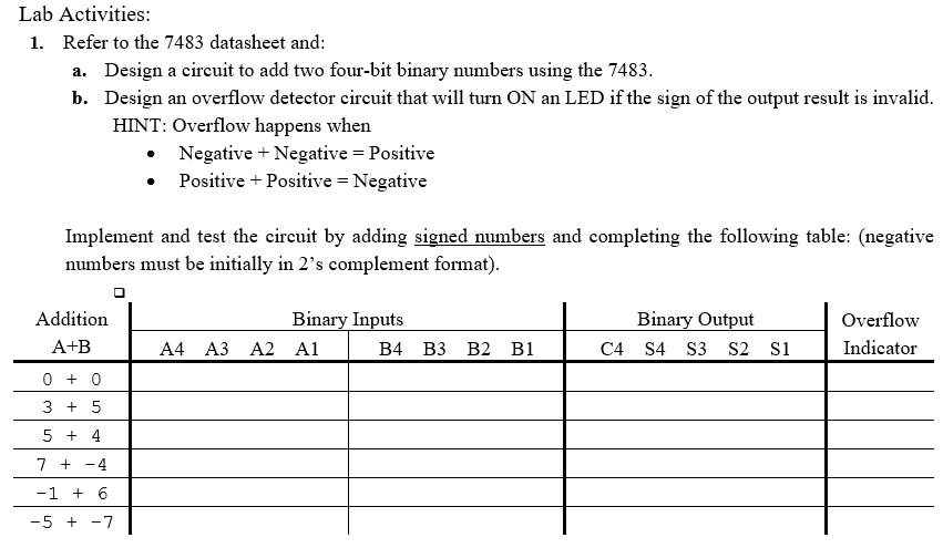 SOLVED: Lab Activities: Refer to the 7483 datasheet and design a ...