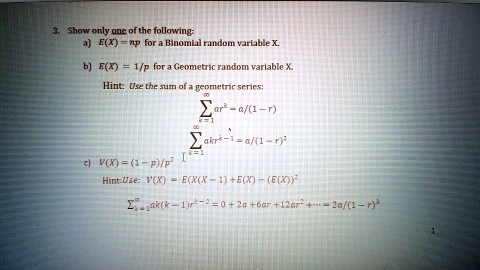 SOLVED: Text: Show only one of the following: 4) E(X) = np for a Binomial random variable X b) E ...