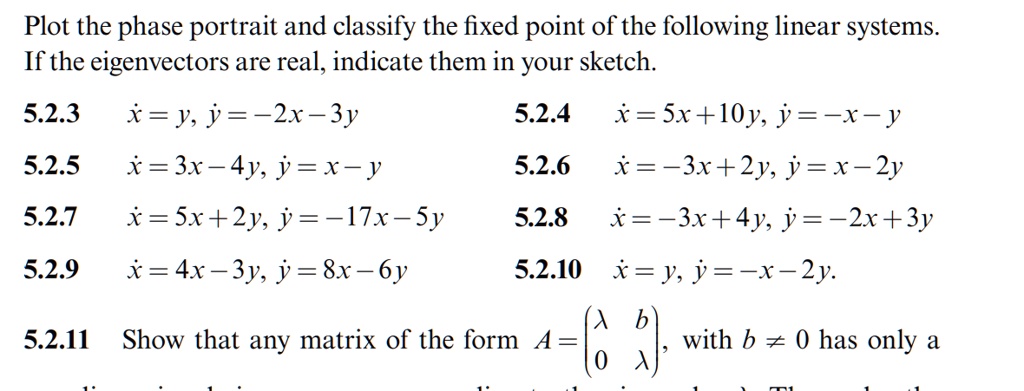 Plot the phase portrait and classify the fixed point of the following linear systems.If the ...