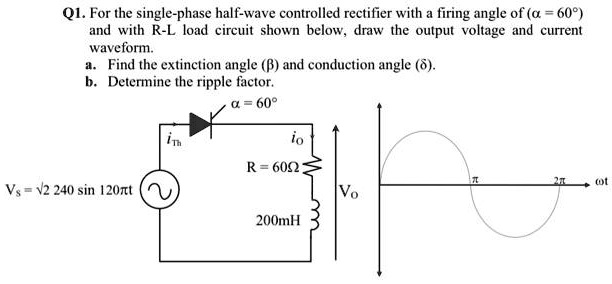 Q1. For the single-phase half-wave controlled rectifier with a firing angle of (α = 60^∘) and ...