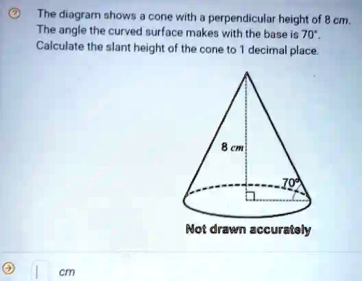 The diagram shows a cone with a perpendicular height of 8 cm. The angle ...