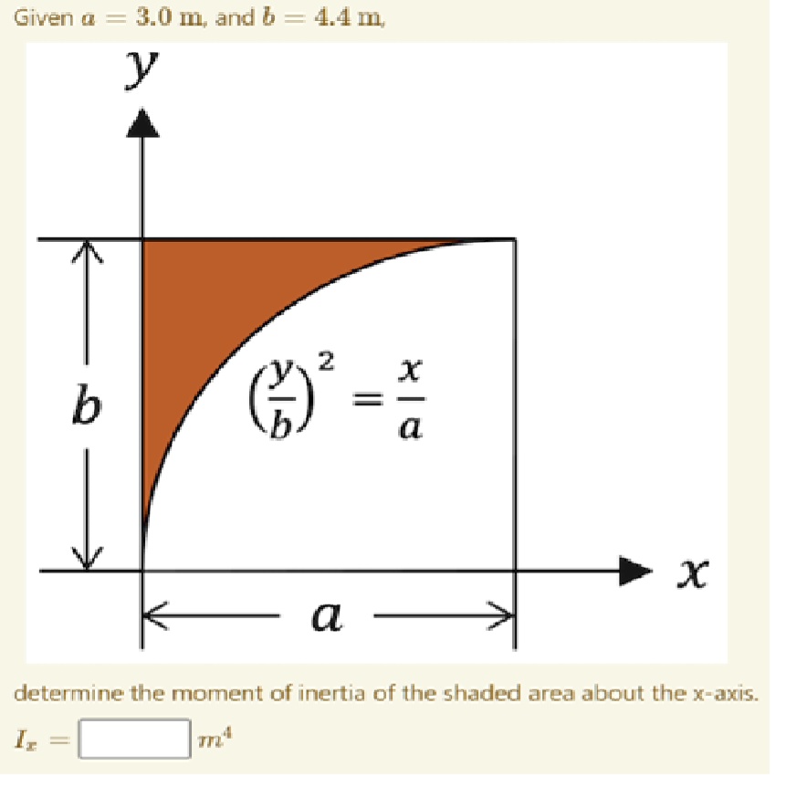 Given a = 3.0 m, and b = 4.4 m, ((y)/(b))^2 = (x)/(a) determine the moment of inertia of the ...