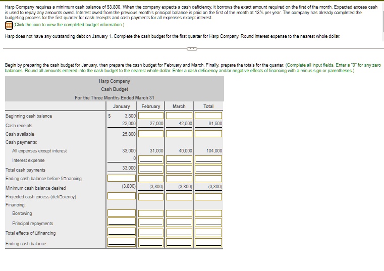 SOLVED: 14 Harp Company requires a minimum cash balance of 3,800. When ...