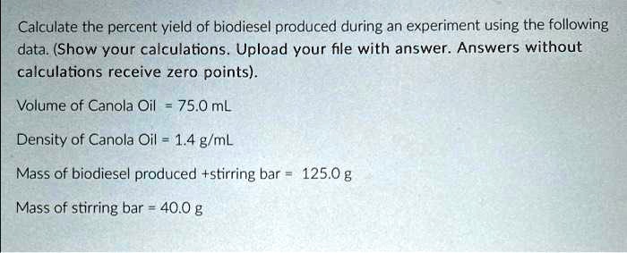 Calculate the percent yield of biodiesel produced during an experiment using the following data ...