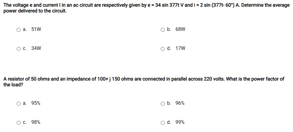 SOLVED: The voltage e and current I in an AC circuit are respectively ...