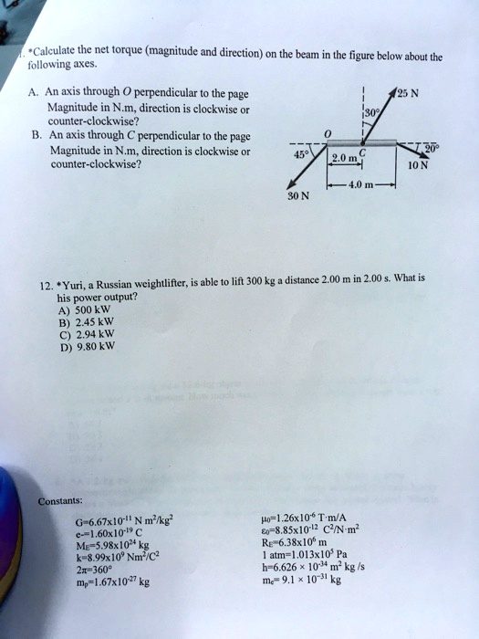 calculate the net torque magnitude and direction on the beam in the figure below about the ...