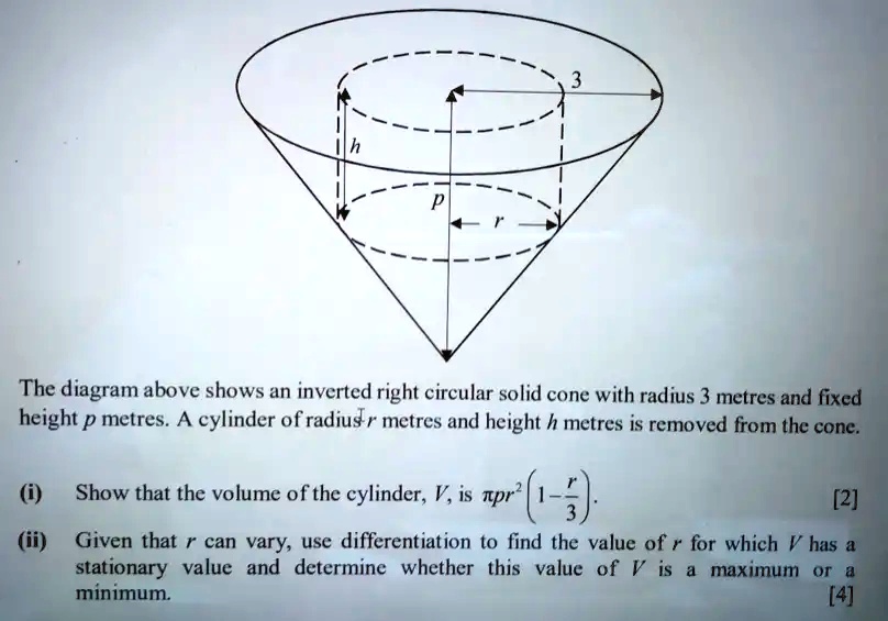 SOLVED: The diagram above shows an inverted right circular solid cone with a radius of 3 meters ...