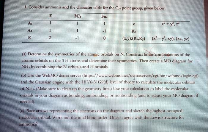 SOLVED: Consider ammonia and the character table for the C3v point group, given below. 2C1 Jov 7 ...