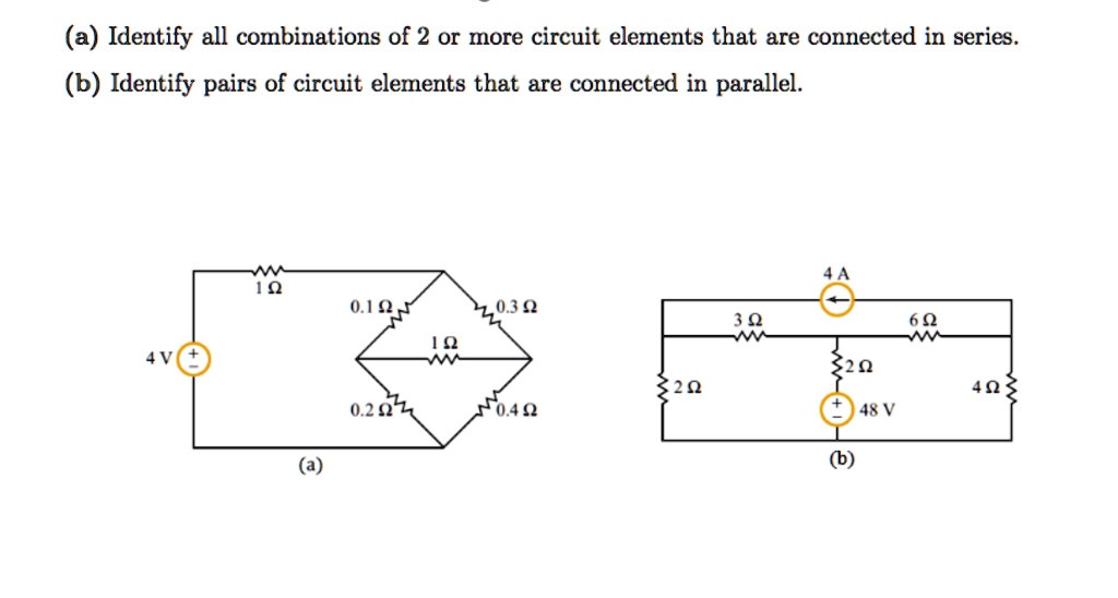 (a) Identify all combinations of 2 or more circuit elements that are connected in series. (b ...