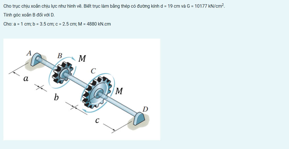Cho tr?c ch?u xo?n ch?u l?c nh? hình v?. Bi?t tr?c làm b?ng thép có ???ng kính d=19 cm và G ...