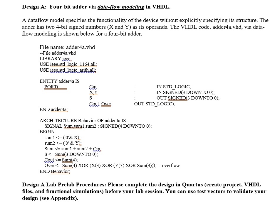 Solved Design A Four Bit Adder Via Data Flow Modeling In Vhdl A Dataflow Model Specifies The