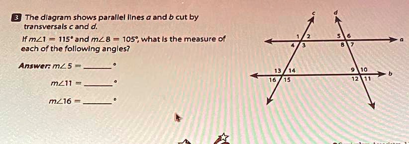 the diagram shows parallel lines a and b cut by transversals c and d if m1 115 degrees and m8 ...