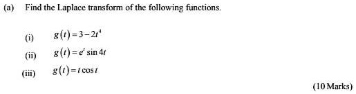 SOLVED: Find the Laplace transform of the following functions g(t)=3-21" g(t) = sin 4t g(t ...