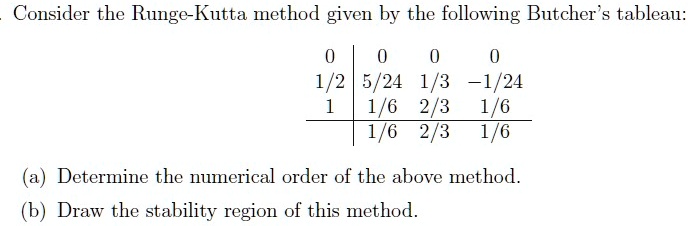 SOLVED: Consider the Runge-Kutta method given by the following Butcher ...