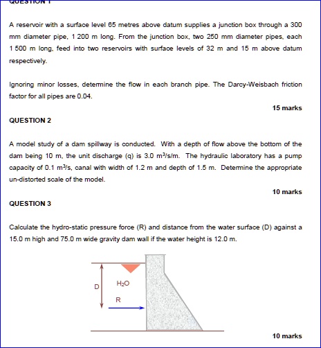 [GET ANSWER] QUESTION 1 A reservoir with a surface level 65 metres ...