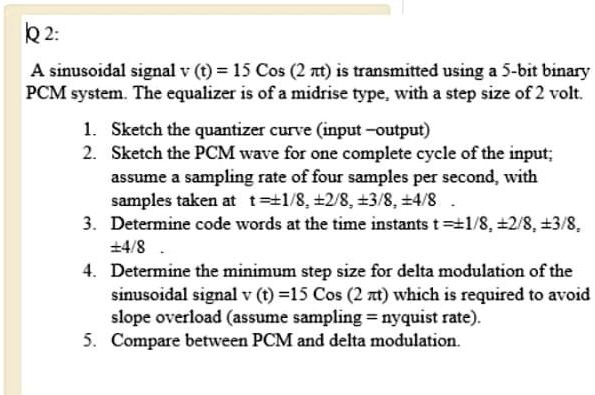 SOLVED: A sinusoidal signal v(t) = 15 Cos(2Ï€t) is transmitted using a 8-bit binary PCM system ...