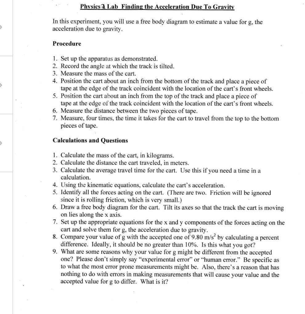 SOLVED: Physics Lab - Finding the Acceleration Due to Gravity In this ...