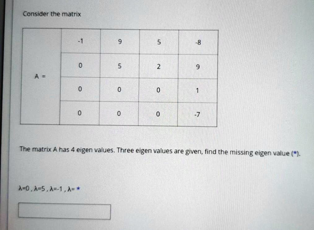 SOLVED:Consider the matrix The matrix A has 4 eigen values. Three eigen values are given; find ...