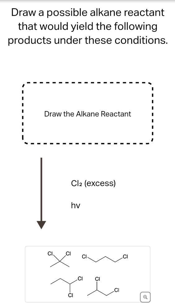 Draw a possible alkane reactant that would yield the following products ...