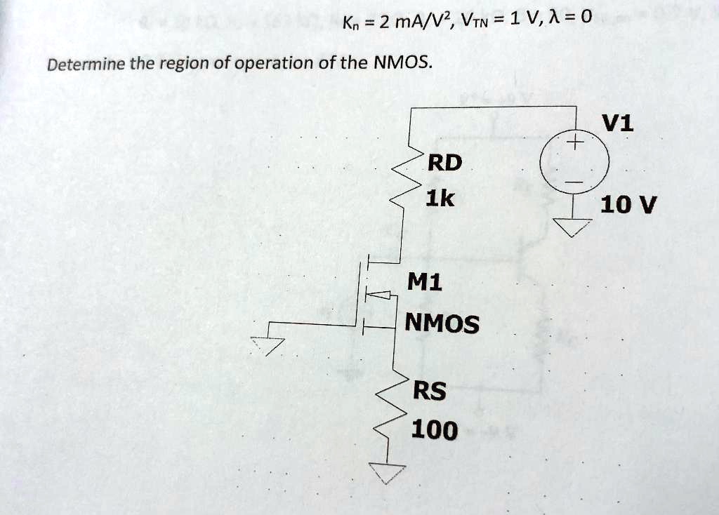 Kn = 2 mA/V^2, VTN = 1 V, ? = 0 Determine the region of operation of the NMOS.