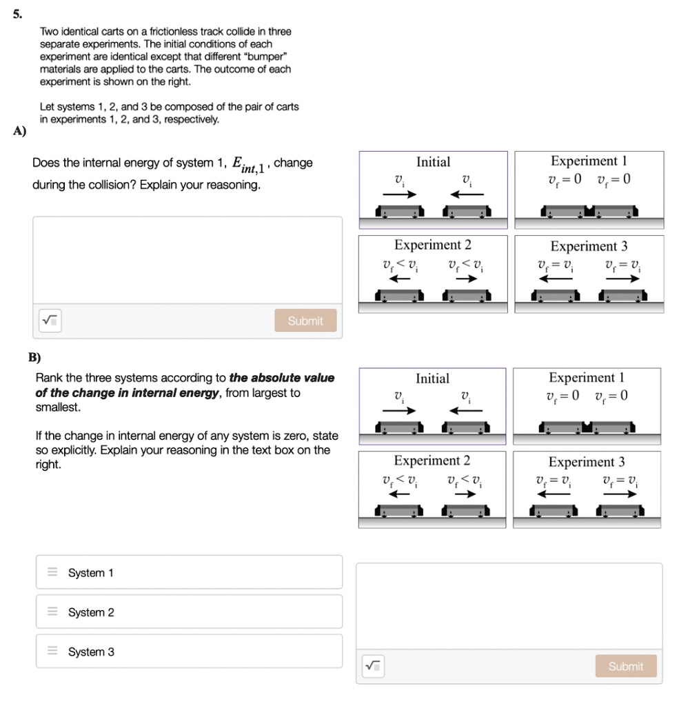 Two identical carts on a frictionless track collide in three separate experiments. The initial ...