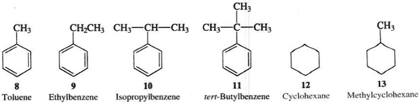 CH3 CH3 CH2CH3 CH3-CH-CH3 CH3-C-CH3 CH3 8 9 10 11 12 13 Toluen Ethylbenzene Isopropylbenzene ...
