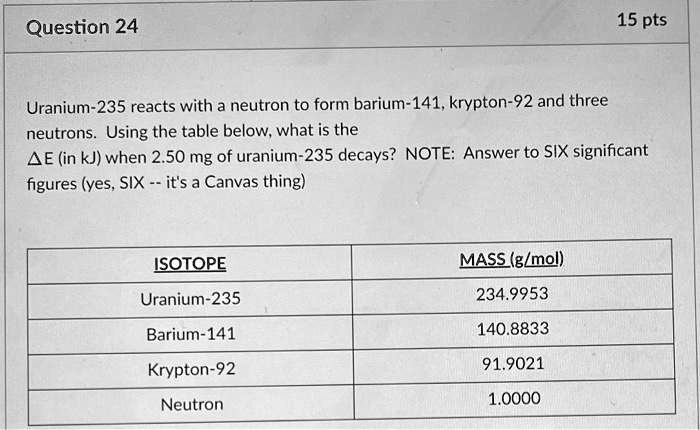question 24 15 pts uranium 235 reacts with a neutron to form barium ...