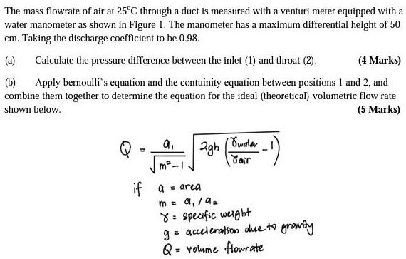 The mass flowrate of air at 25°C through a duct is measured with a ...