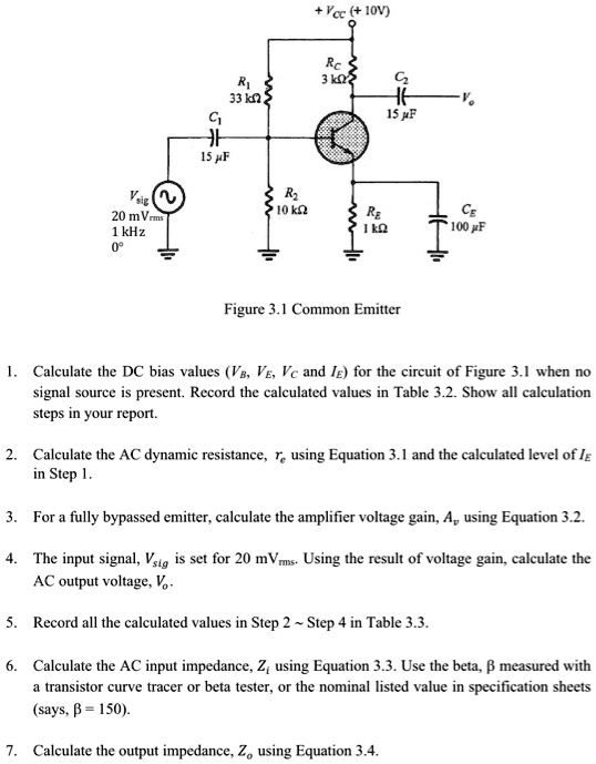 Vsig (2 20 mVrms 1 kHz 0° C1 15 µF R1 33 k? R2 10 k? + Vcc (+10V) RC 3 k? C2 15 µF Vo RE 1 k? CE ...