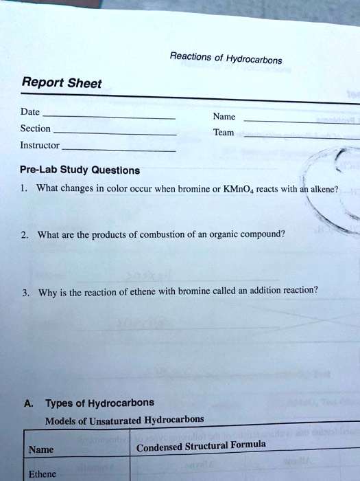 reactions of hydrocarbons report sheet dale name section team instructor pre lab study questions ...
