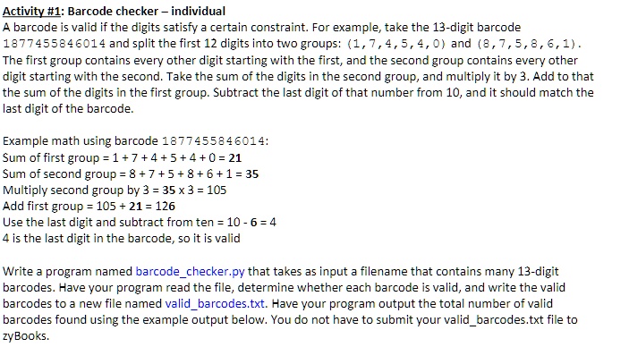Activity #1: Barcode Checker - Individual A barcode is valid if the ...