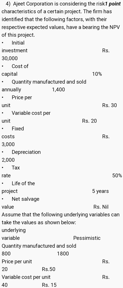 4 Ajeet Corporation Is Considering The Risk1 Point Characteristics Of A Certain Project The