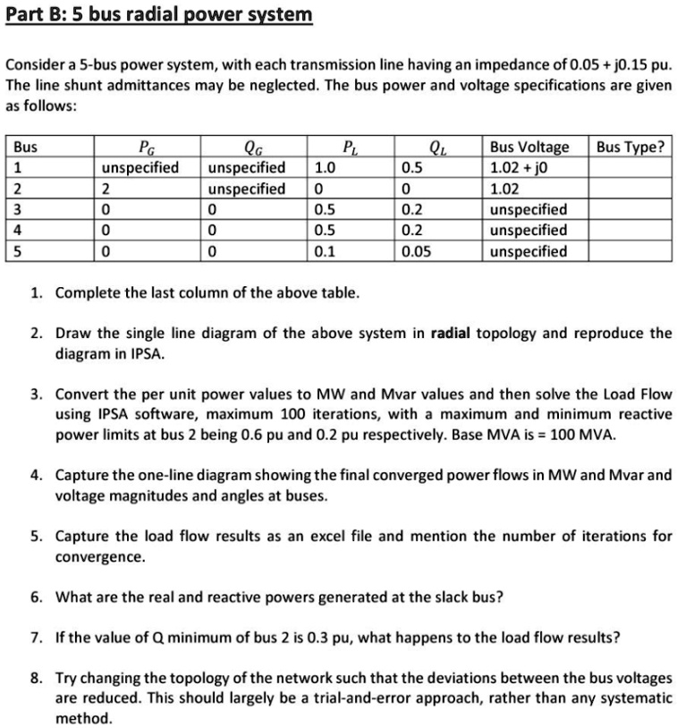 SOLVED: Show me a hand drawing for radial topology. Part B: 5-bus radial power system. Consider ...