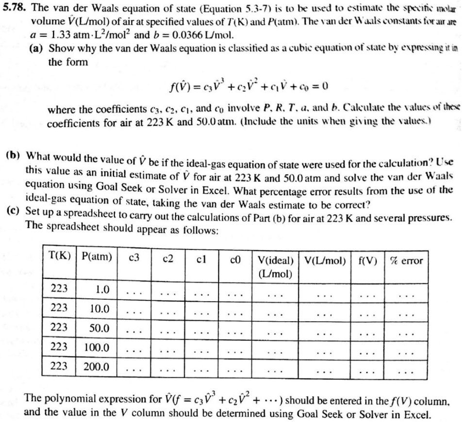 SOLVED: 5.78. The van der Waals equation of state (Equation 5.3-7) is ...