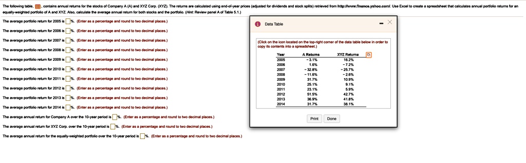 The following table contains annual returns for the stocks of Company A (A) and XYZ Corp. (XYZ ...