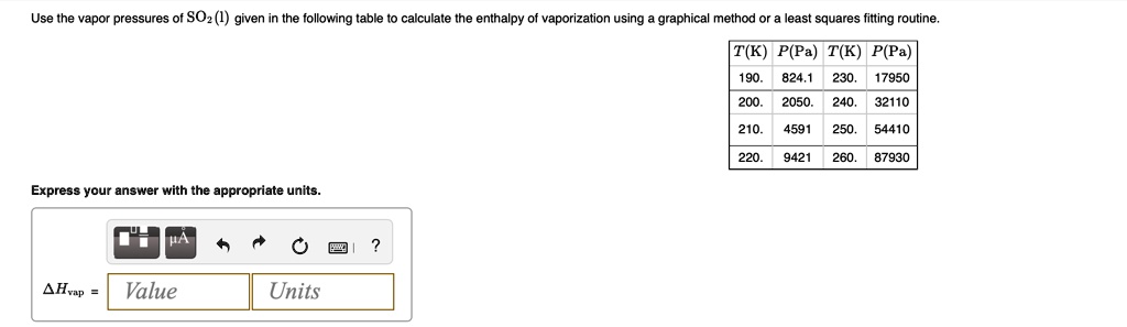 SOLVED: Use the vapor pressures of SO (1) given in the following table ... SOLVED: Use the vapor pressures of SO (1) given in the following table ...